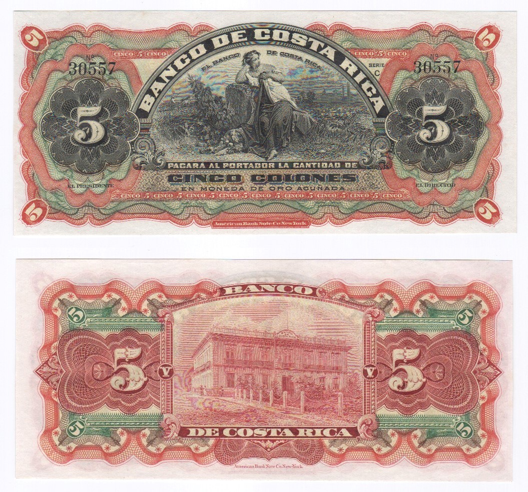 COSTA RICA 5 Colones Banknote (1908) Pick ref: S173r - UNC | eBay