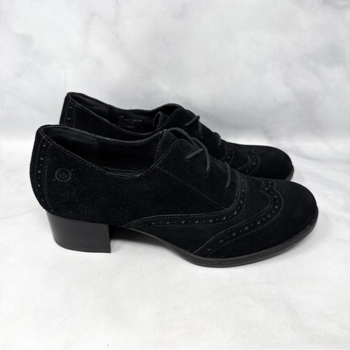 Born Suede Leather Lace Up Low Mid Block Heel Oxford Black Retro Mature ...