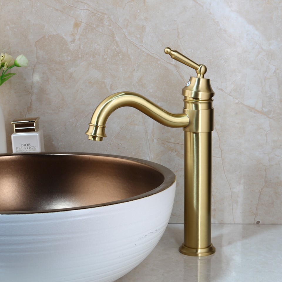 Bathroom Round Ceramic Basin Sink Combo Brushed Gold Mixer Faucet Tap ...