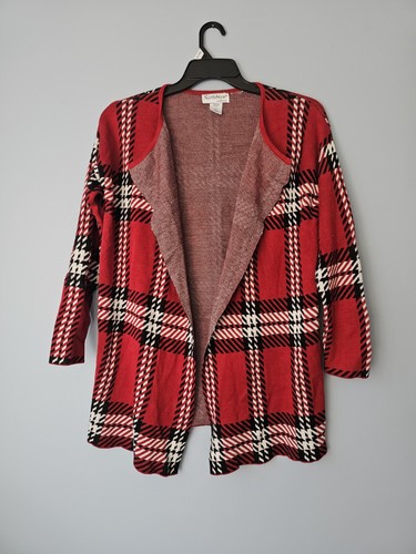 NorthStyle Womens Sz M Red Black Houndstooth Long Line Open Front ...