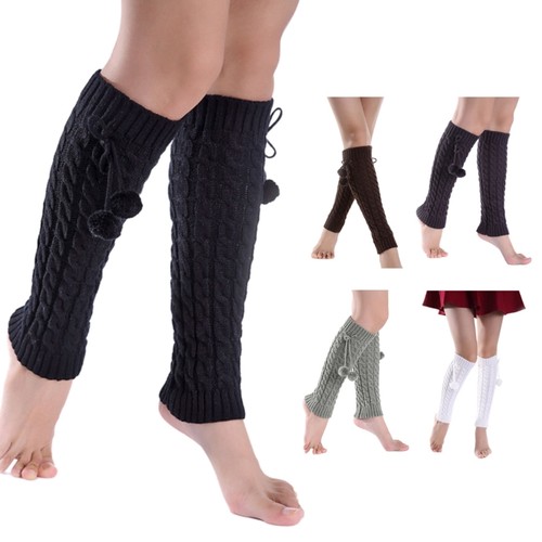 Women Winter Twist Cable Knit Leg Warmers Plush Ball Bow Knee High Boot ...