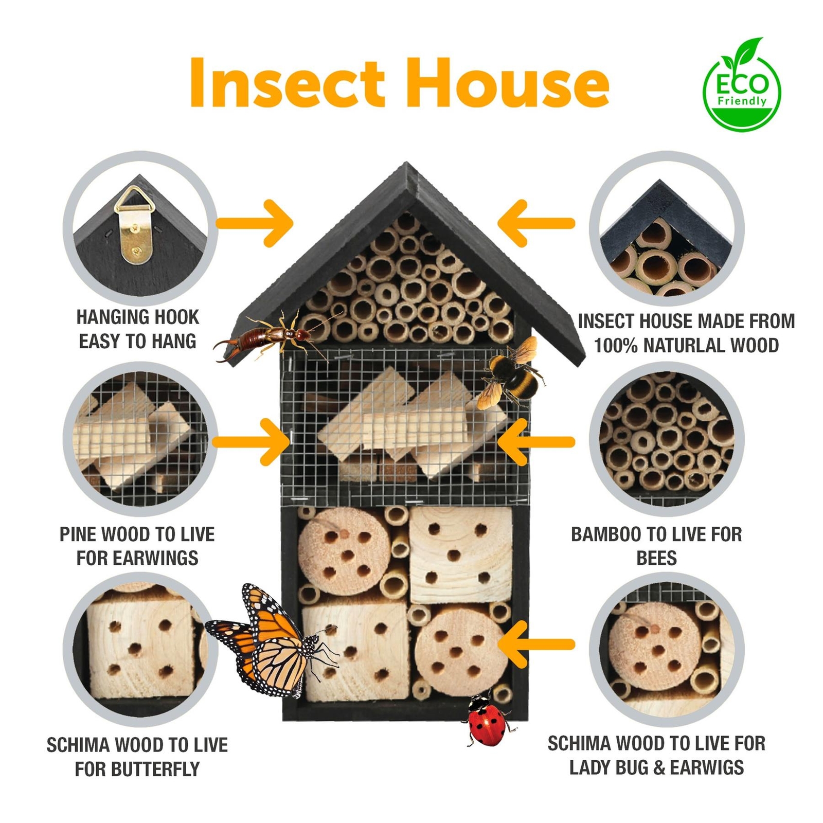Wooden Black Extra Large Insect House Natural Wood Bee Hotel Garden ...