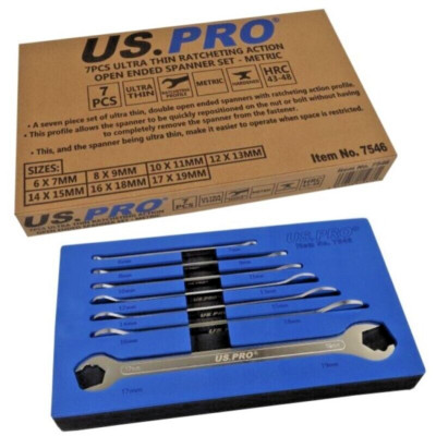 US PRO Ultra Thin Flat Open End Spanner Set Ratchet Action 6mm/19mm ...