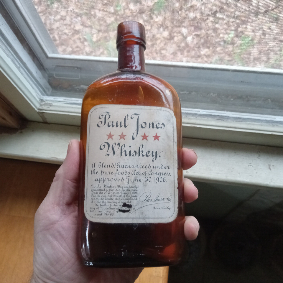 PAUL JONES EMB WITH 1906 LABEL AMBER PINT WHISKEY FLASK LOUISVILLE,KY ...