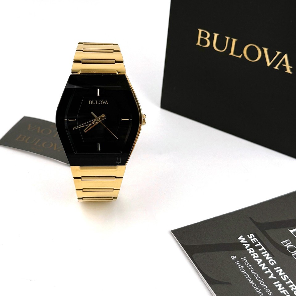 Bulova Gemini Stainless Steel Gold Tone Black Dial Men's Watch 97A164 ...