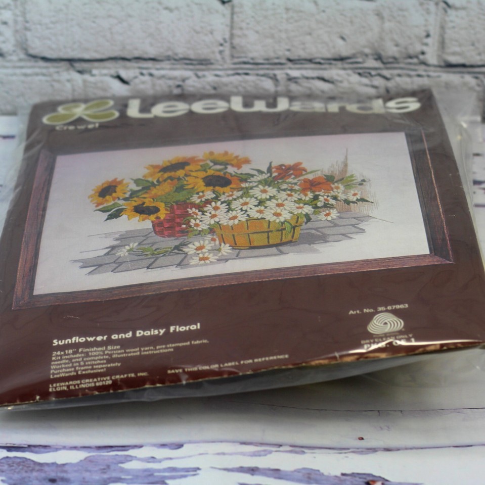 SUNFLOWER & DAISY FLORAL Vintage Crewel Embroidery Kit Basket of ...