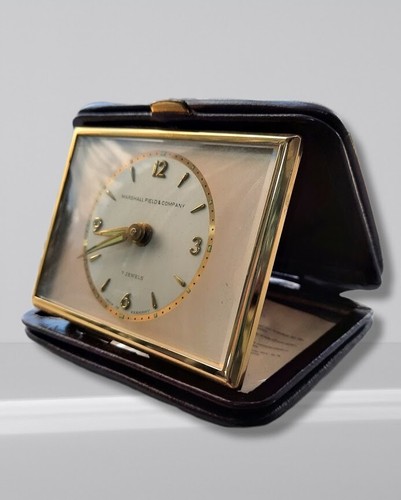 Antique Marshall Field & Co. Brass Travel Alarm Clock 7 Jewels Leather ...