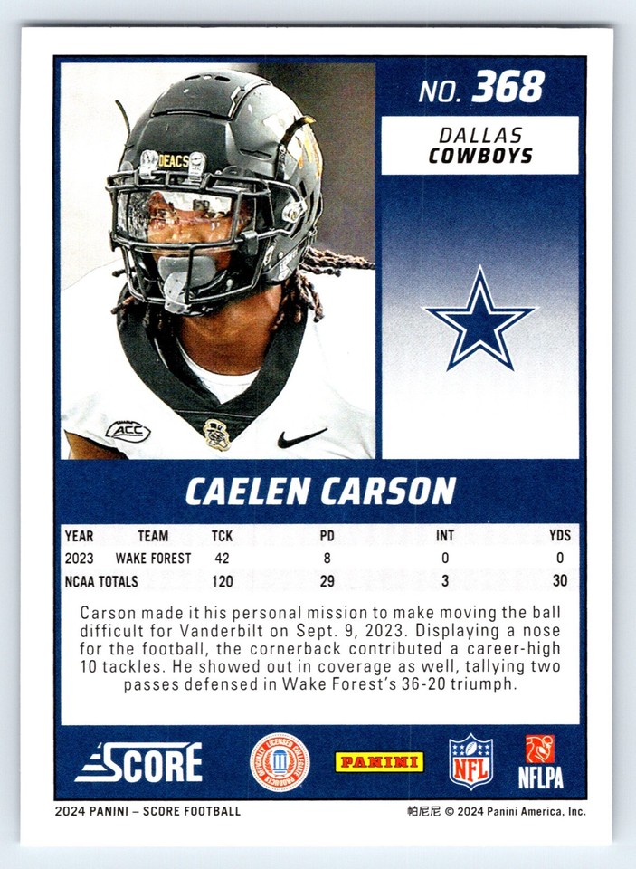 2024 Score #368 Caelen Carson Dallas Cowboys Rookie | eBay