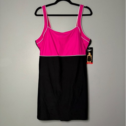 Speedo Size 18 Swimsuit Dress NWT Plus One-Piece Pink Black Skirt Built ...
