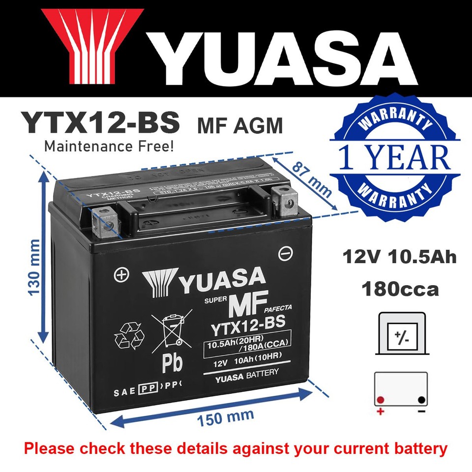 Genuine Yuasa YTX12-BS High Power AGM GEL Motorbike Motorcycle Battery ...