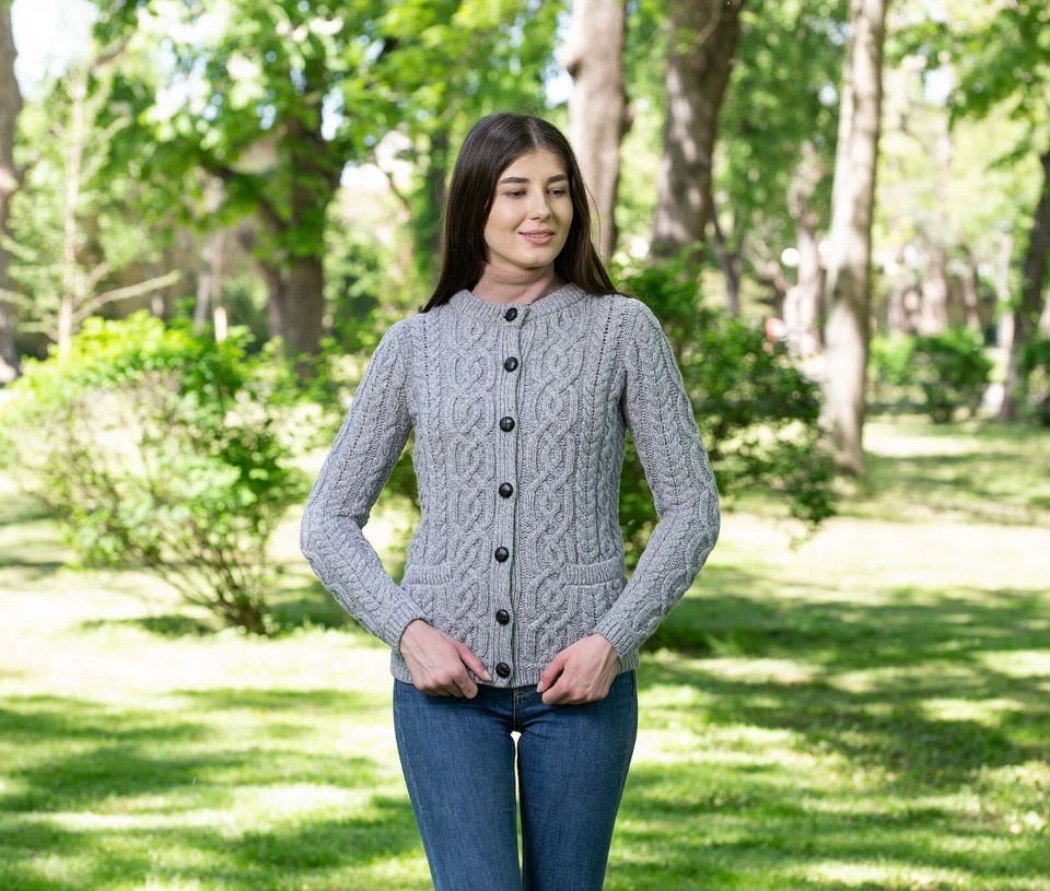 SAOL Aran Cardigan Sweater Women's 100% Merino Wool Cable Knitted ...