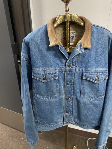 Vintage Schaefer Denim Jacket Leather collar blanket lined USA Made X ...