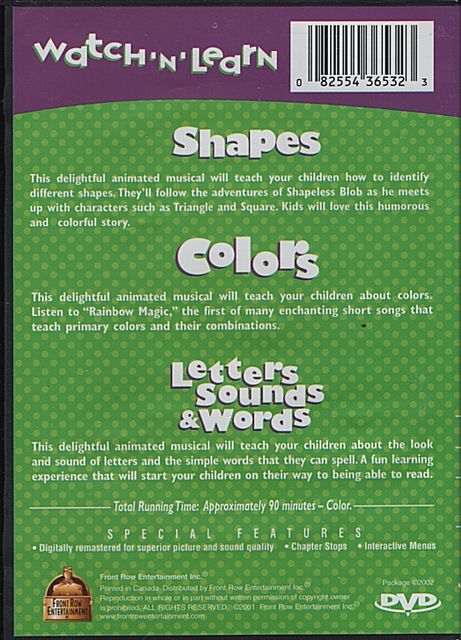 Watch 'n' Learn Shapes Musical Instruments Telling Time Kids DVD for ...