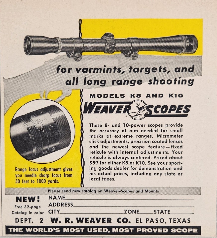 1958 Print Ad Weaver Rifle Scopes Models K8 & K10 Varmints,Targets El ...