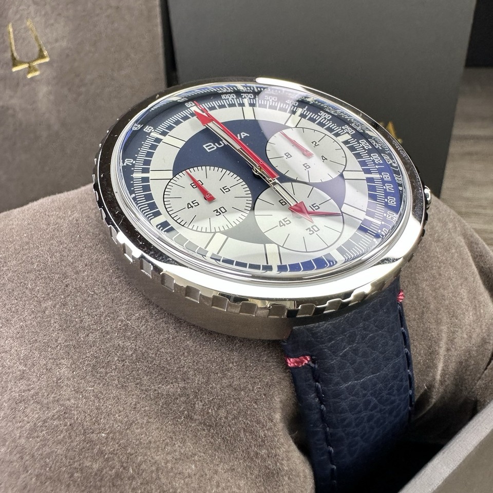 NEW 262KHz Bulova Archive Series Chronograph C Blue Leather Men's Watch ...