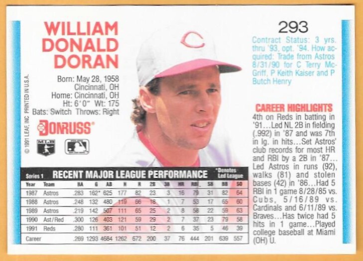 BILL DORAN CINCINNATI REDS #293 no dot inc - DONRUSS NM-MT 1992 | eBay