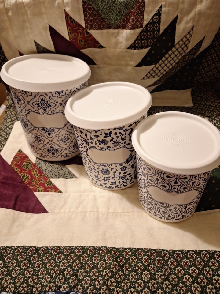 Tupperware One Touch Canister 3 Piece Set - NEW - Blue & White ...