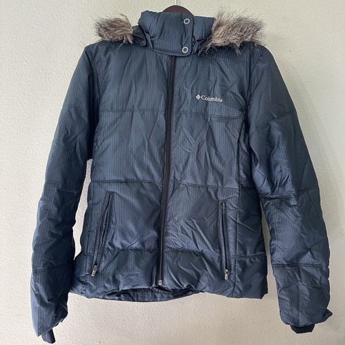 Columbia Blue Puffer Jacket Duck Down Filled Winter Coat Sz M fur trim ...