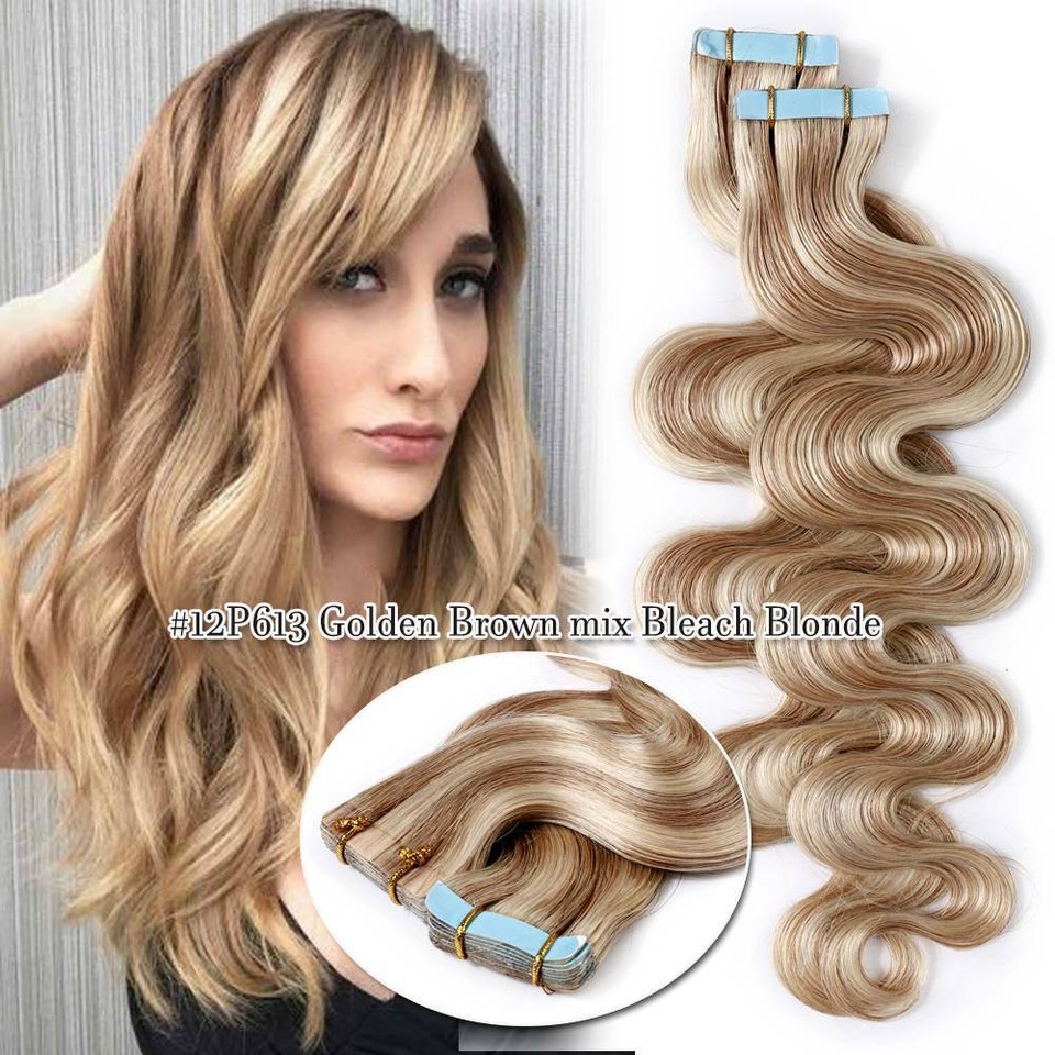 Thick Wave Tape In Skin Weft Remy Human Hair Extensions Full Head 10/20 ...