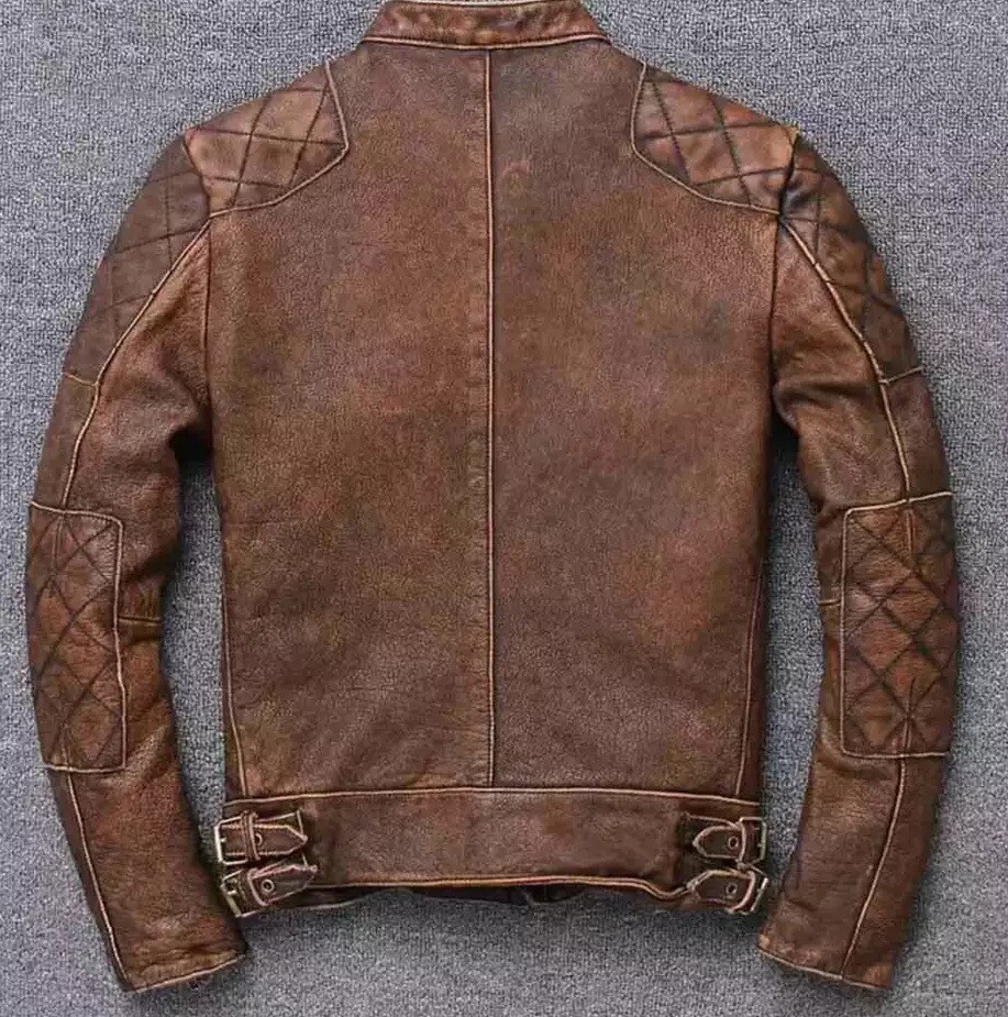 Men Leather Jacket Cafe Racer Motorcycle Biker Distress Genuine Leather ...