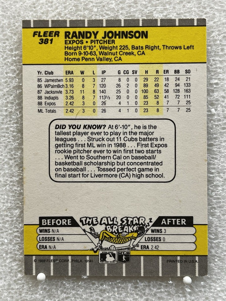 1989 Fleer Randy Johnson Rookie Card Blacked Out Marlboro Ad | eBay