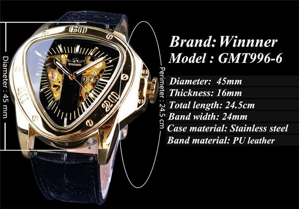 T-Winner Luxury Men's Triangle Mechanical Watches Hollow Skeleton ...