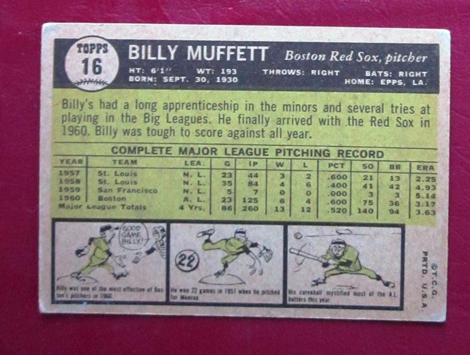 1961 Topps Billy Muffett (Boston Red Sox) #16 VG | eBay