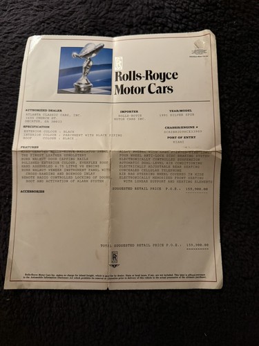 1991 Rolls-Royce Silver Spur II Black/Parchment Sealer Window Sticker ...