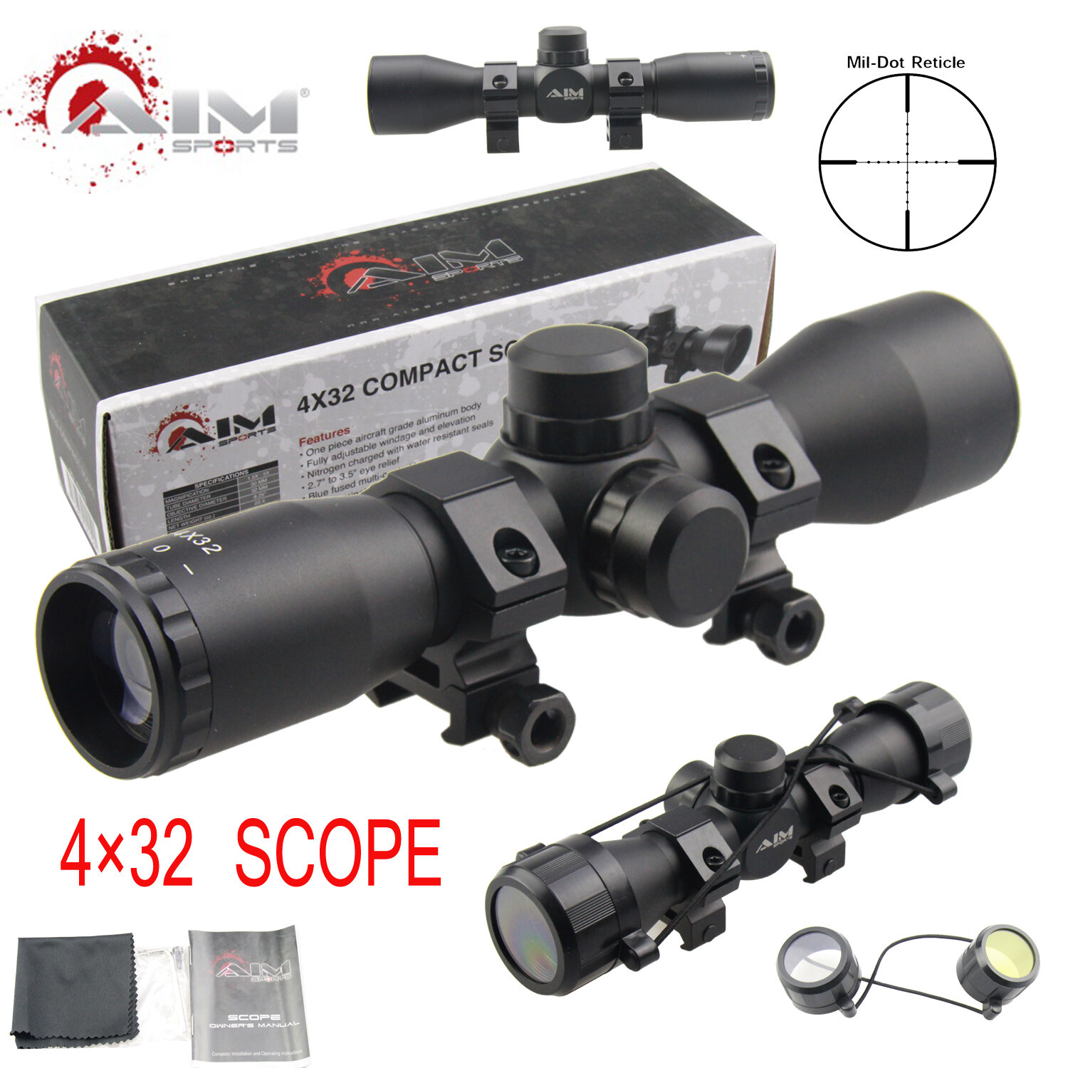AIM SPORTS Tactical 4X32 Compact .223 .308 Scope /w Rings 815879011534 ...