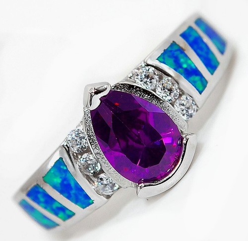 2CT Amethyst & Australian Opal Inlay 925 Sterling Silver Ring Jewelry ...