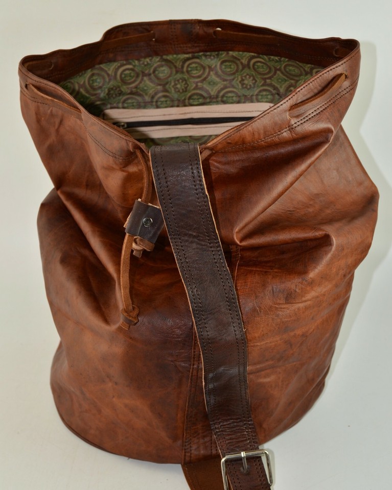 Organic Leather Drawstring Bucket Duffel Bag Backpack Rucksack Moroccan ...