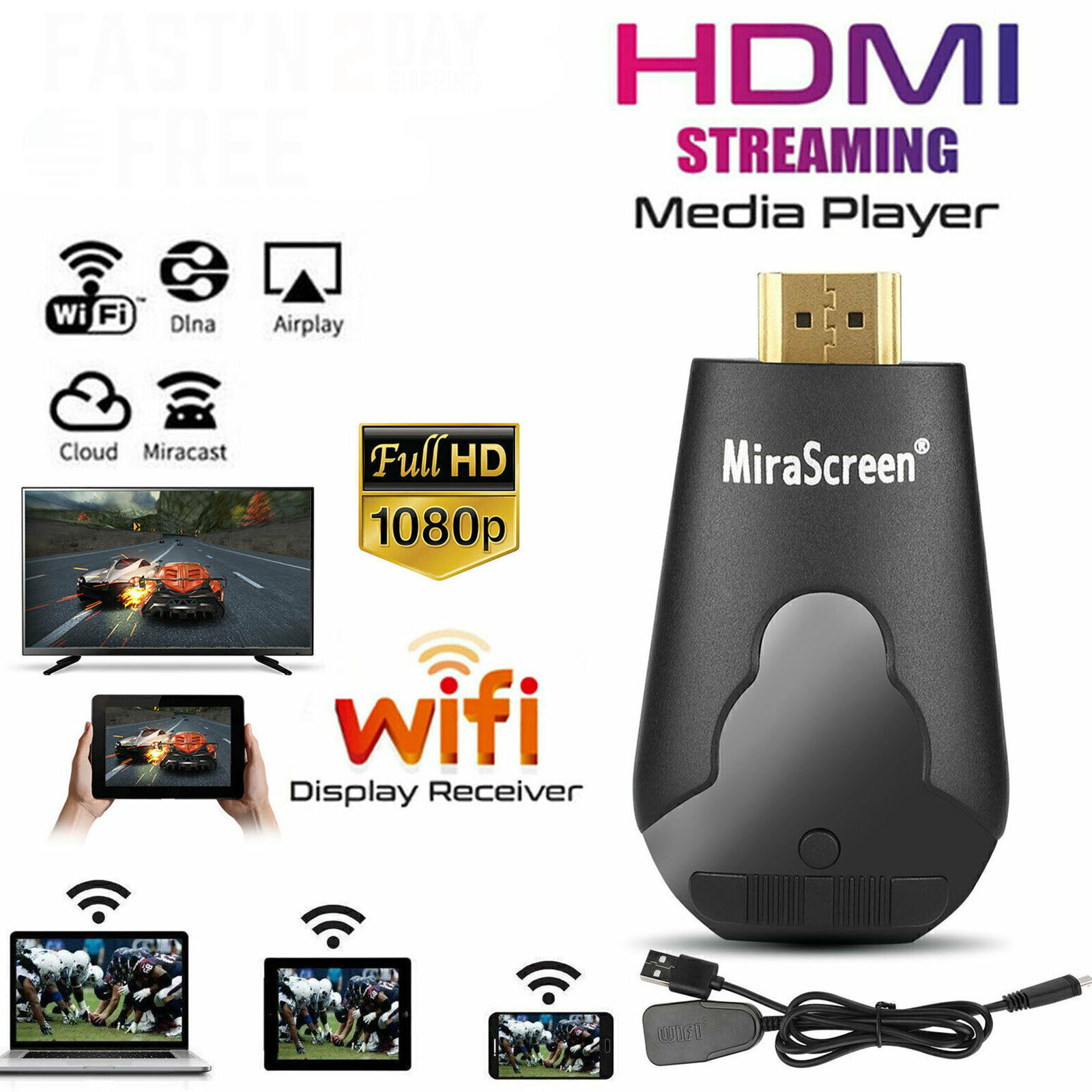 WIFI 1080P Wireless Display TV Dongle Adapter HDMI Receiver Airplay ...