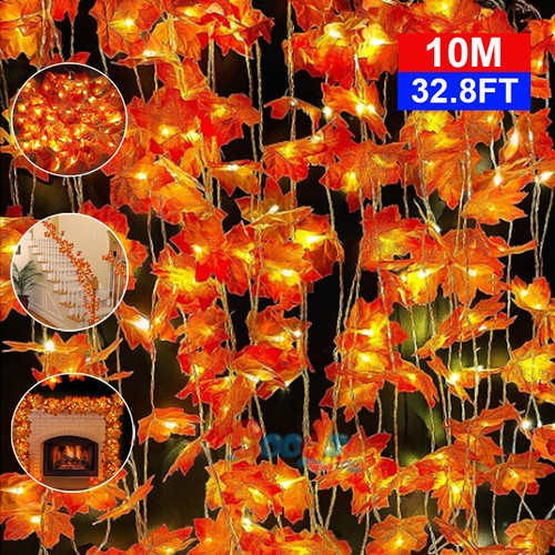 Lighted LED Fall Garland Maple Leaves String Lights Thanksgiving ...