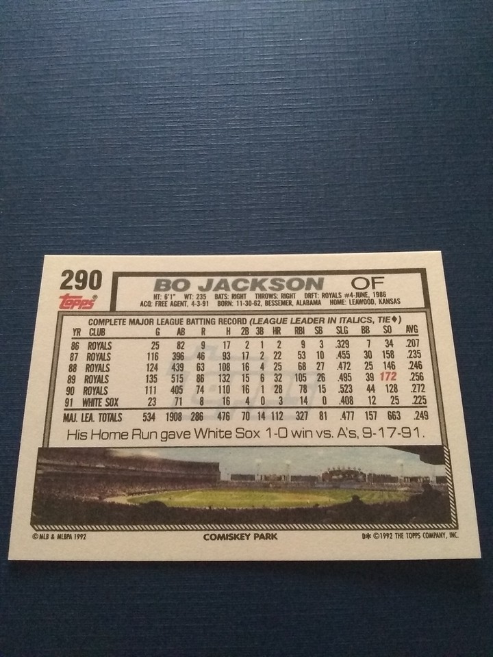 1992 Topps Baseball Bo Jackson #290 HOF Set Break NM | eBay