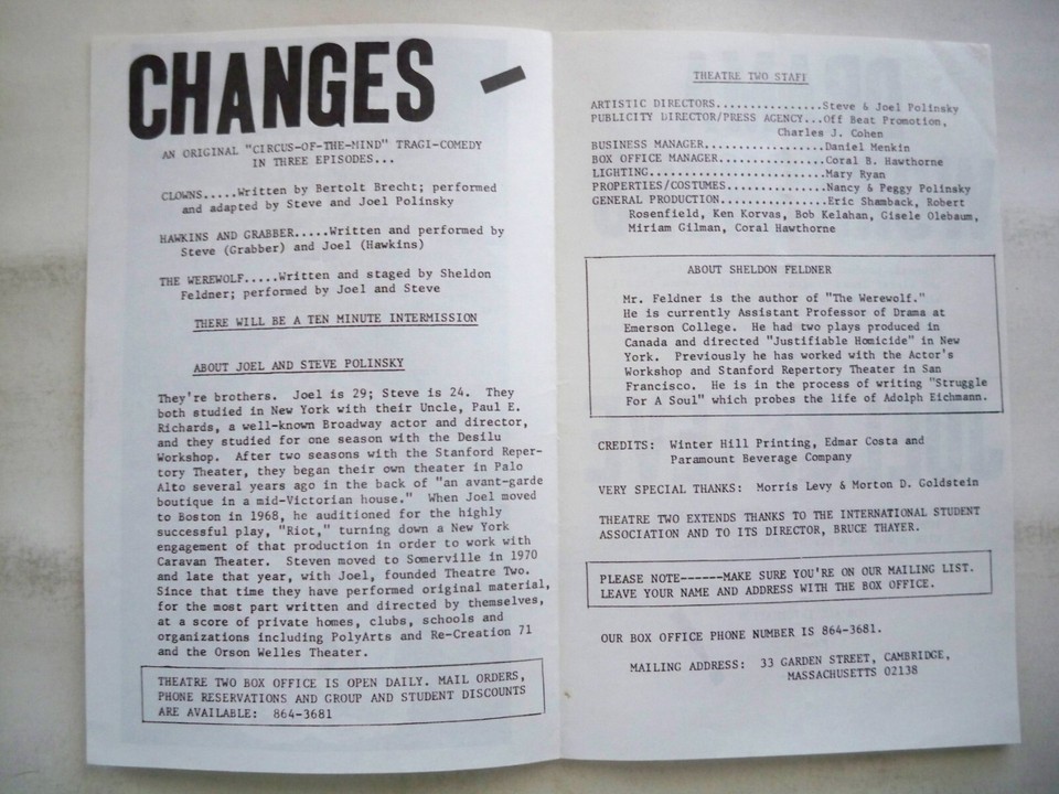 CHANGES Playbill STEVE POLINSKY / JOEL POLINSKY Cambridge MA WORLD ...
