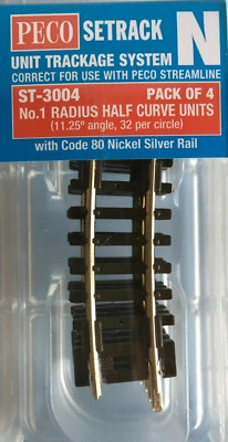 Peco N Scale ~ New 2023 ~ Half Curve Track ~ 4 Pc ~ 1st Radius ...
