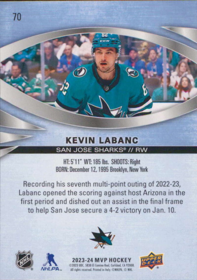 Kevin Labanc 2023-24 Upper Deck MVP #70 NHL Sharks ID:79157 | eBay