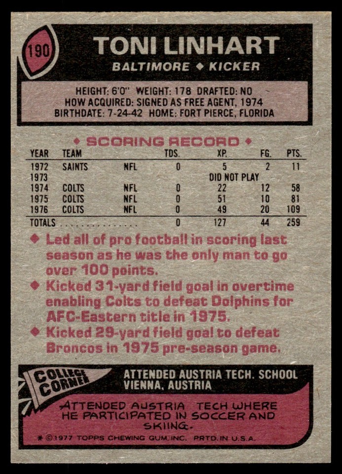 1977 Topps Card Football Toni Linhart Baltimore Colts #190 NM | eBay