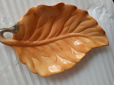 Ceramic leaf dish shape of a leaf, beautiful yellow orange glaze finish ...