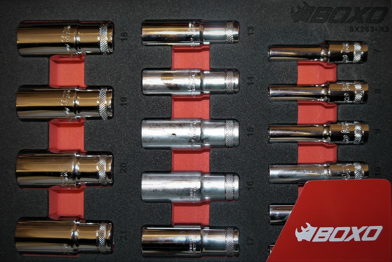 Boxo Tools 3/8"Dr 6pt Deep Socket set 7-21mm 15pc BX269-R2 in red and ...