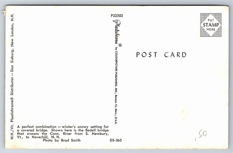 Postcard Haverhill New Hampshire Snowy Bedell Covered Bridge ...