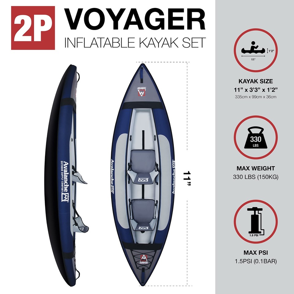 Avalanche 2-Person Voyager Inflatable Blue Kayak With Paddle, Seat ...