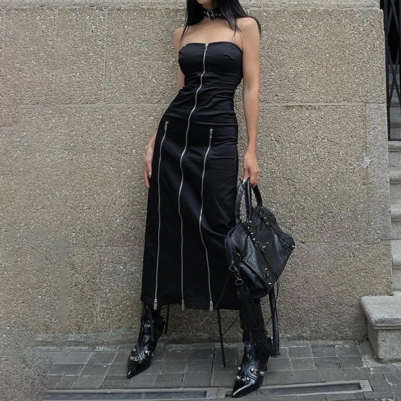 A31-Goth Dark Techwear Zip Up Midi Tube Dress Cyber Y2k Party Mall ...