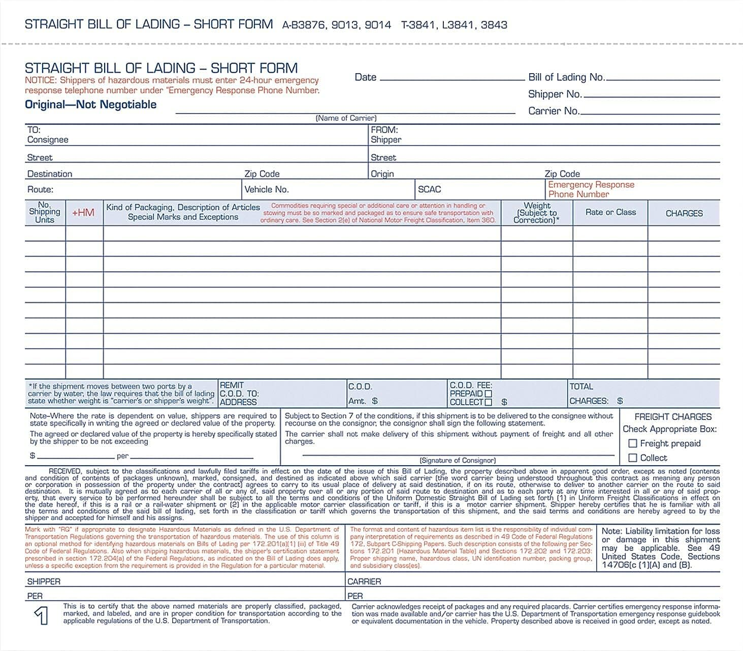 Bill of Lading Short Form, 8.5 X 7.5 Inches, 3-Part, 50-Forms, White ...