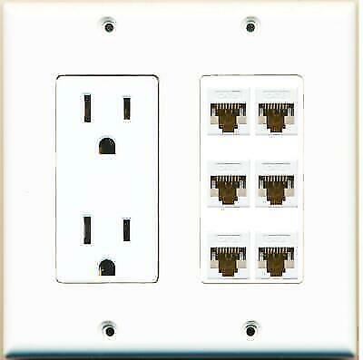 15 Amp Power Outlet 6 Port CAT6 Ethernet F-F Jack Wall Plate White | eBay