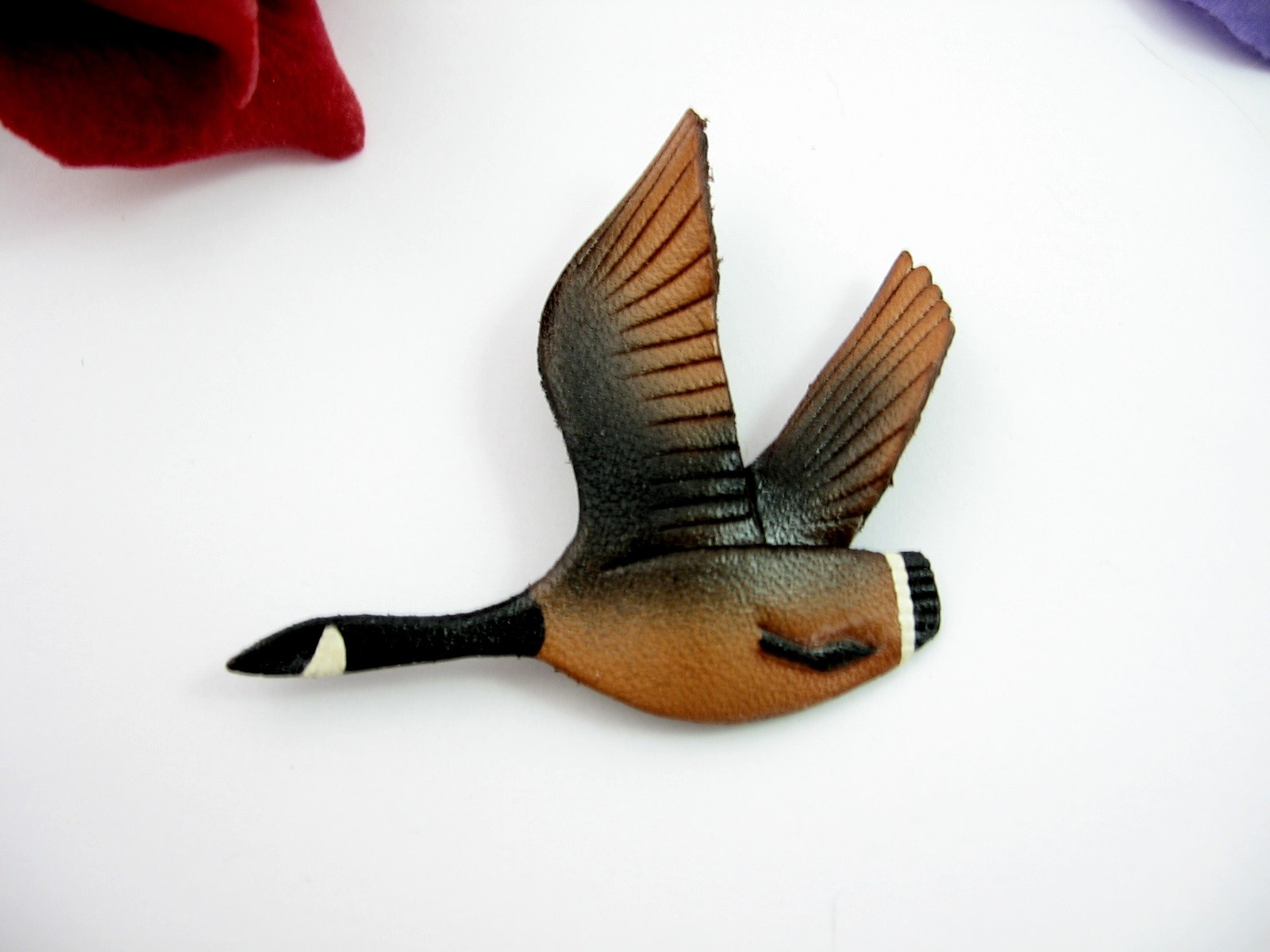 LEATHER FLYING GOOSE PIN Vintage Bird Brooch Artist S… - Gem