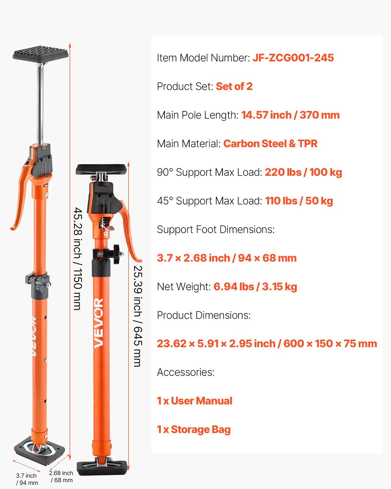 HOT/ Cabinet Jack Support Pole,2-Pack,25.4-45.3 Inch Steel Telescopic ...