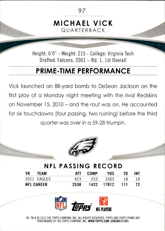 2012 Topps Prime Michael Vick Philadelphia Eagles #97 | eBay