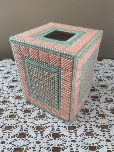 Handmade Needlepoint Plastic Canvas Tissue Box Cover - Peach Squares | eBay