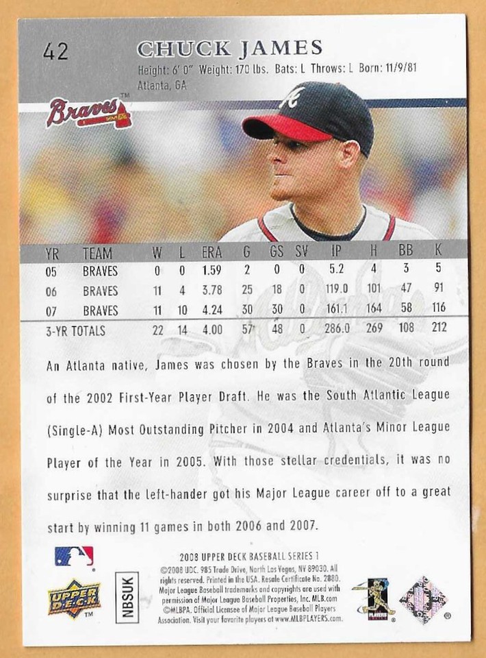 CHUCK JAMES ATLANTA BRAVES #42 - UPPER DECK NM-MT 2008 | eBay